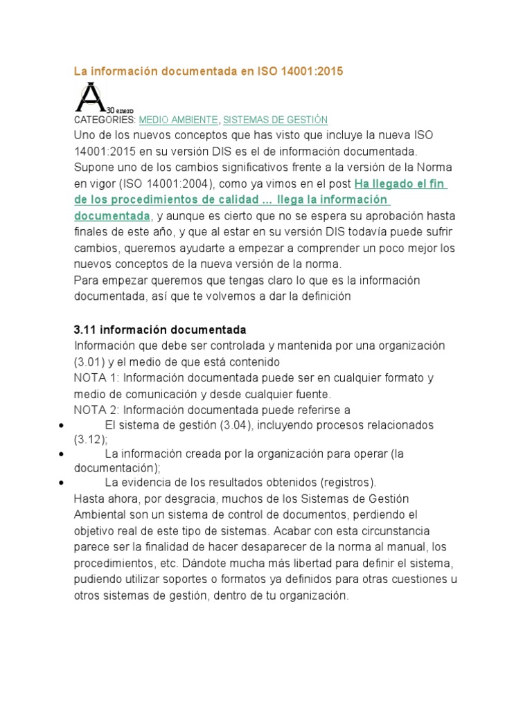 Información Documentada en ISO 14001:2015 | PDF
