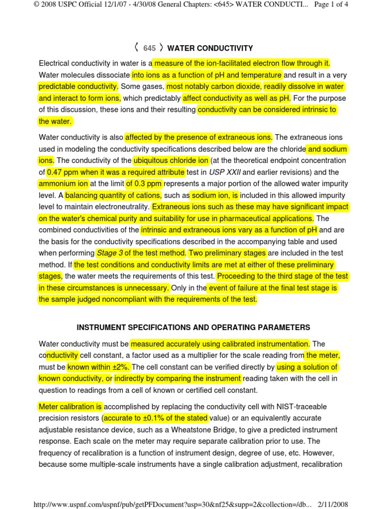 USP Chapter 645 Conductivity | PDF | Ion | Calibration