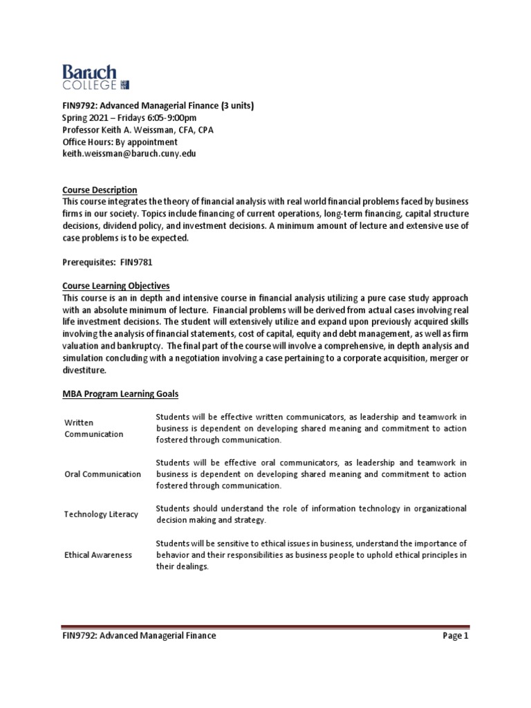 FIN9792: Advanced Managerial Finance (3 Units) | PDF | Academic ...