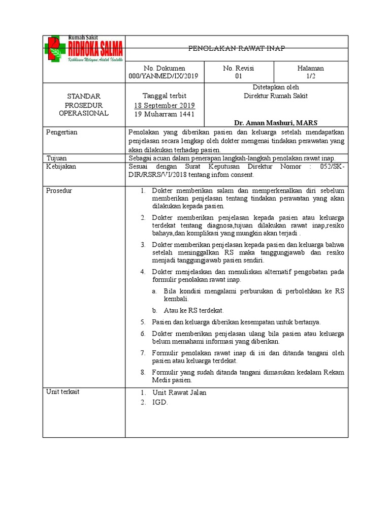 Prosedur Penolakan Rawat Inap | PDF