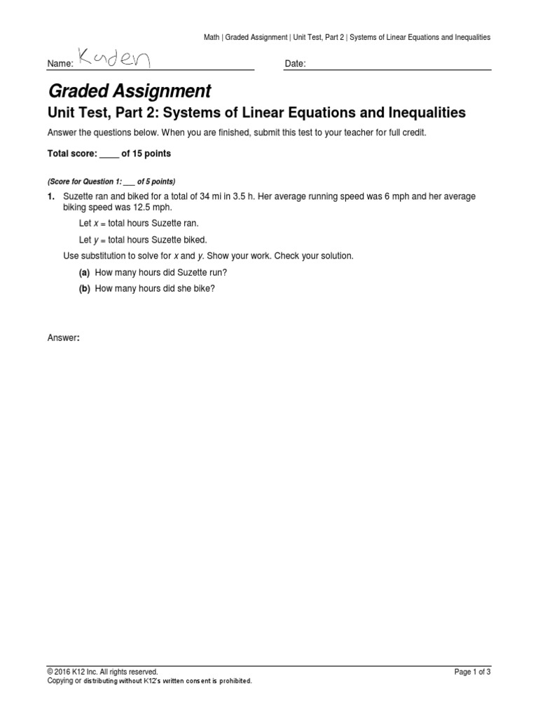 Graded Assignment: Unit Test, Part 2: Systems of Linear Equations and ...