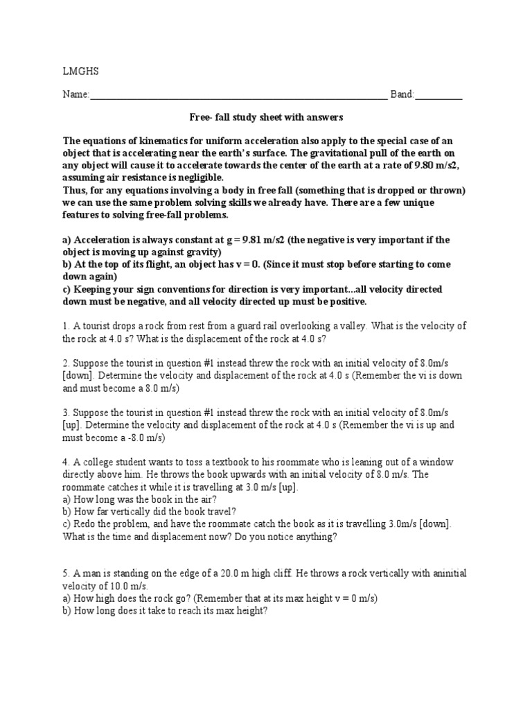 Free Fall Study Sheet With Answers | PDF