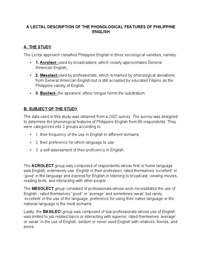 A Lectal Description of The Phonological Features of Philippine English ...
