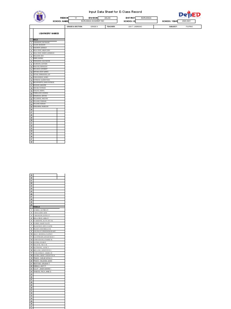 Input Data Sheet For E-Class Record: Region Division District School ...