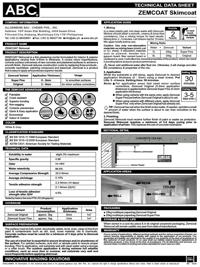 ZEMCOAT Skimcoat Technical Data Sheet 2020 | PDF | Paint | Plaster