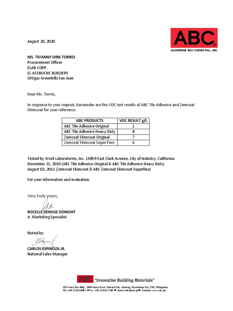 VOC Test Results of ABC Zemcoat Skimcoat | PDF