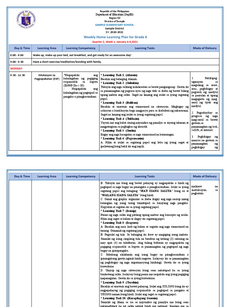 Grade-6 All-Subjects WHLP Q2 W1 | PDF