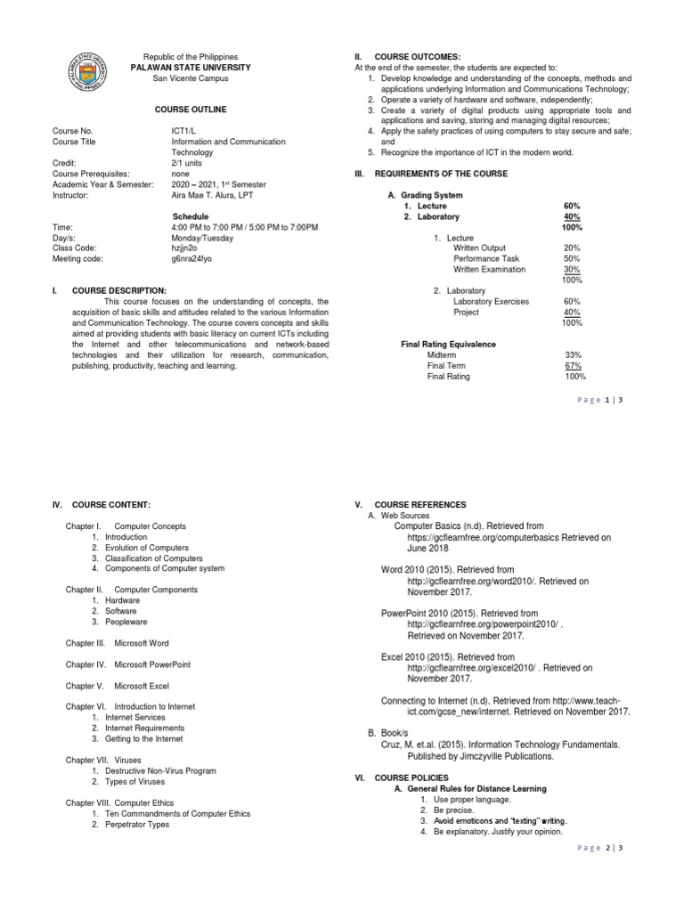 00 Ict Course Outline Pdf Information And Communications Technology Classroom