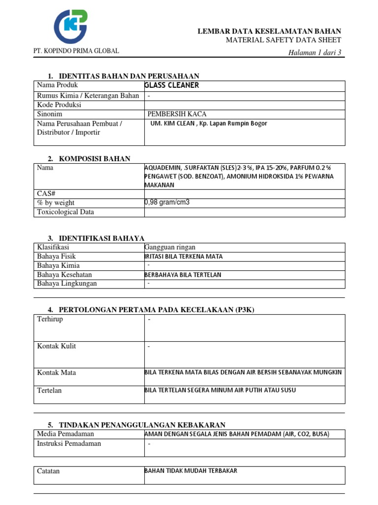 MSDS Glass Cleaner | PDF