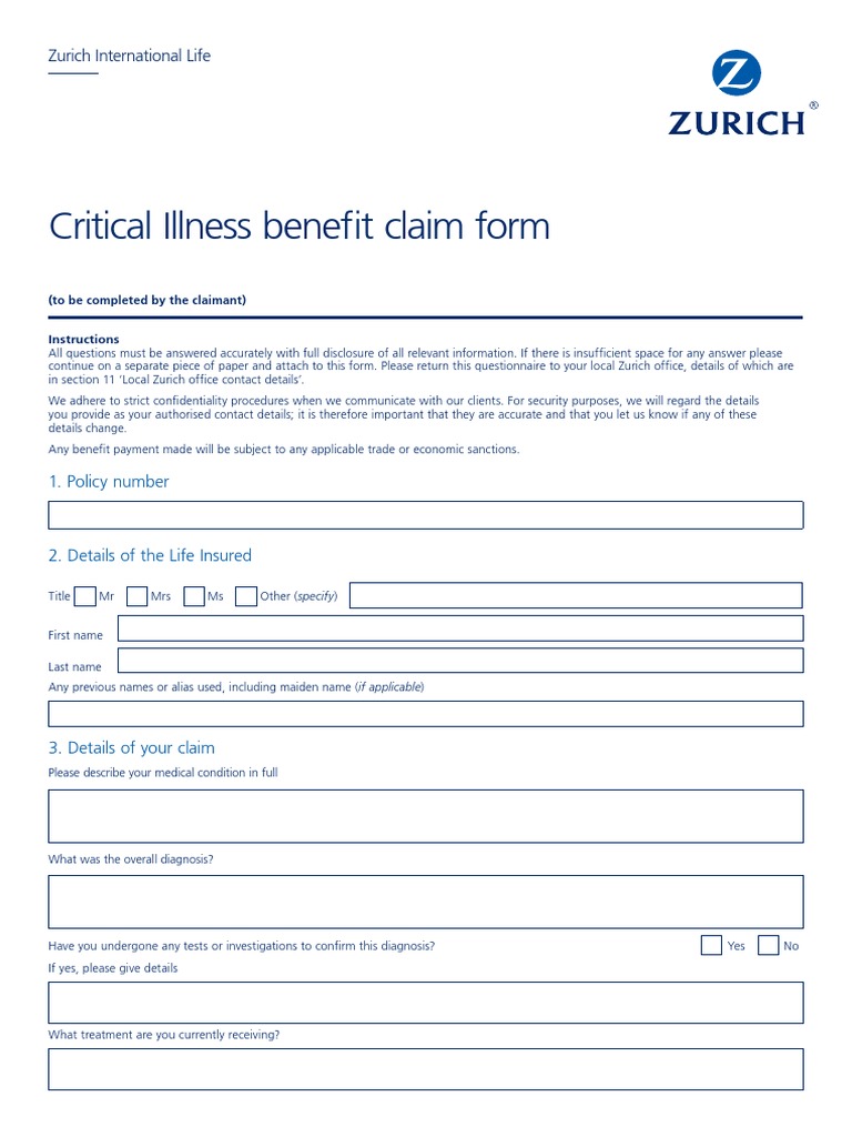 Critical Illness Benefit Claim Form: Zurich International Life | PDF ...