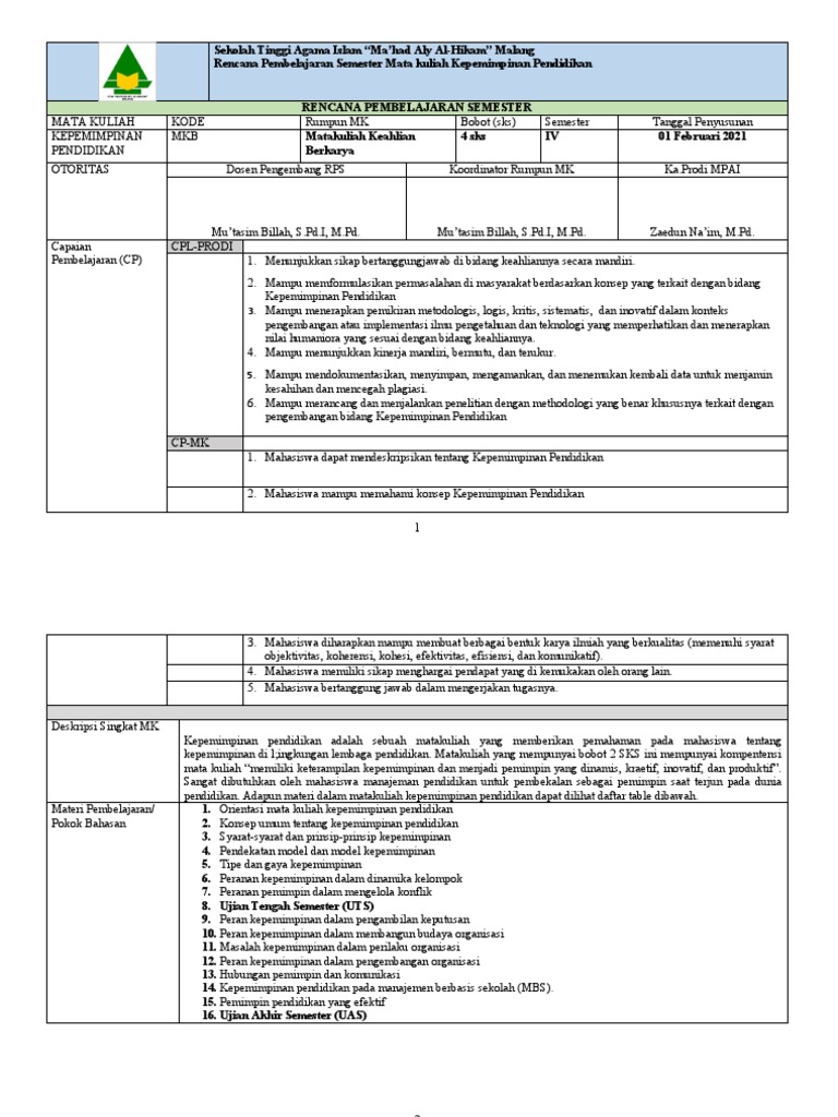 Rps Kepemimpinan Pendidikan 2021 O6a | PDF
