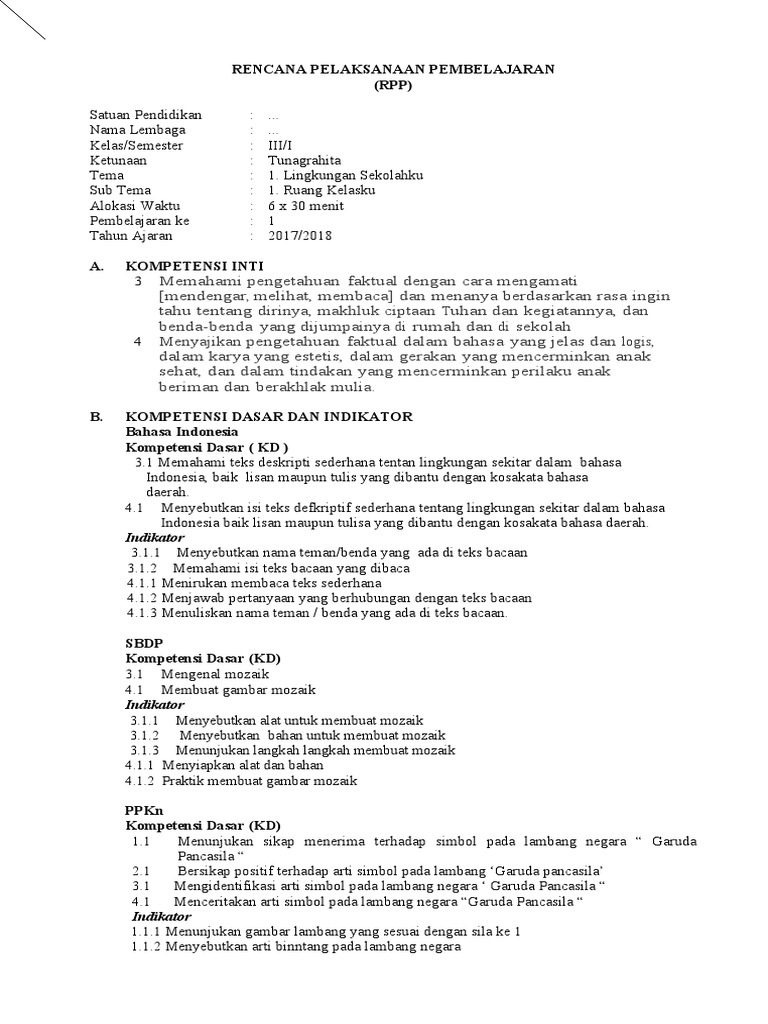 RPP Tunagrahita Kelas 3 Tema 1 Subtema 1 | PDF | Karier & Perkembangan