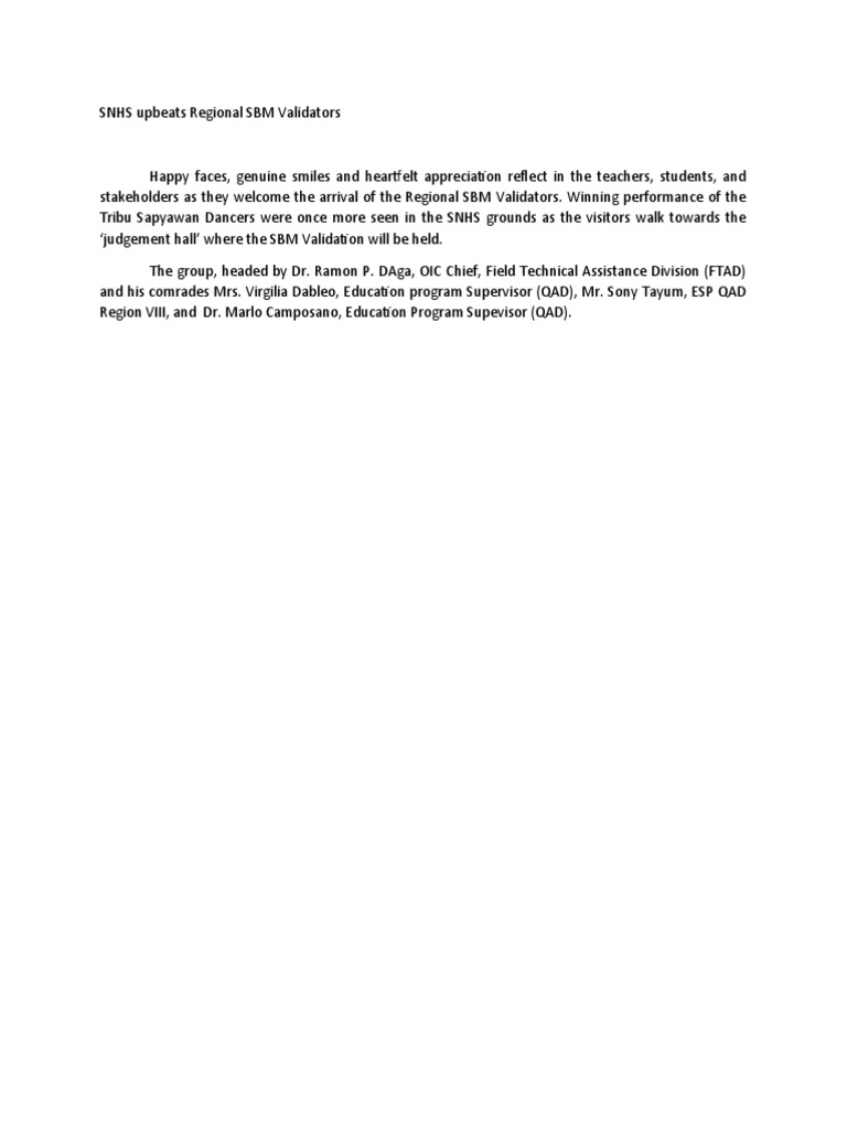 SNHS Upbeats Regional SBM Validators | PDF