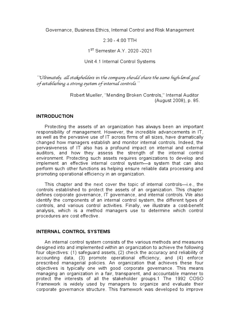 Unit 4.1 Internal Control Systems | PDF | Internal Control | Internal Audit
