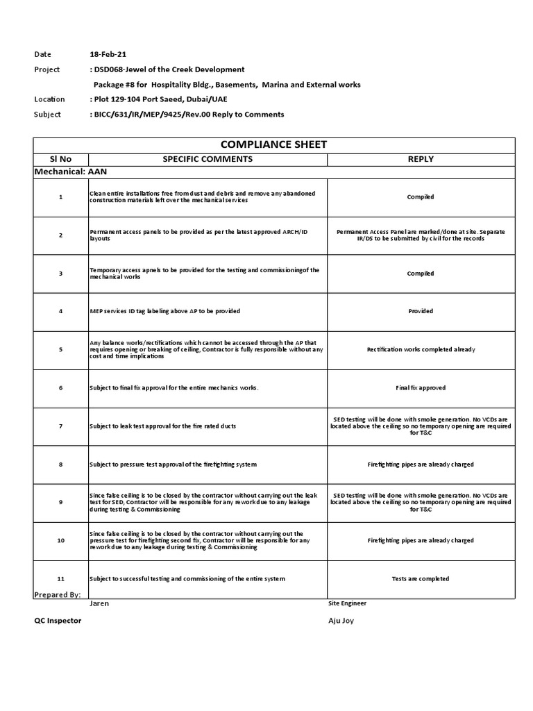 Compliance Sheet: SL No Specific Comments Reply Mechanical: AAN ...