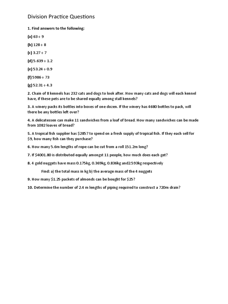 Division Practice Questions | PDF
