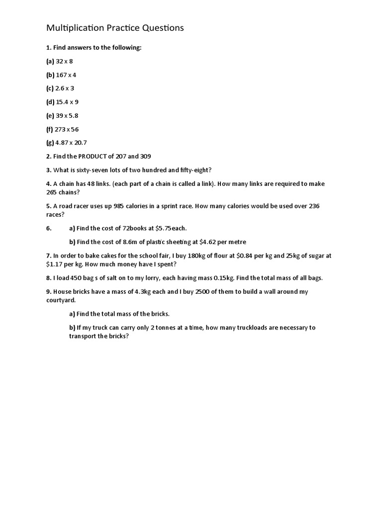 Multiplication Practice Questions: 265 Chains? | PDF