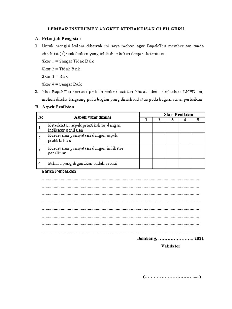 Lembar Instrumen Angket Kepraktisan Oleh Guru (Ayu Putri Wahyuni) | PDF