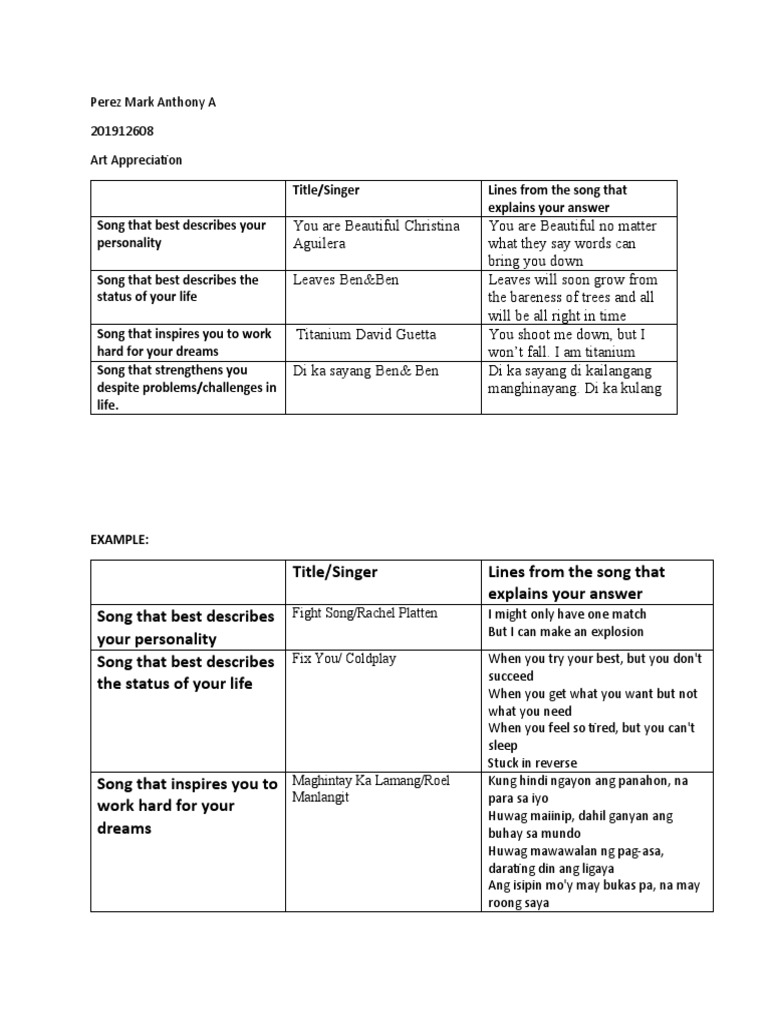 Title/Singer Lines From The Song That Explains Your Answer Song That ...