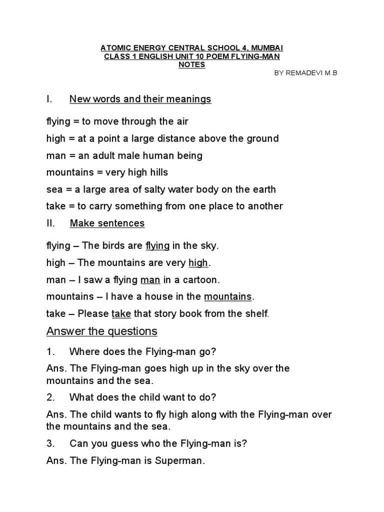 Answer The Questions: Atomic Energy Central School 4, Mumbai Class 1 ...