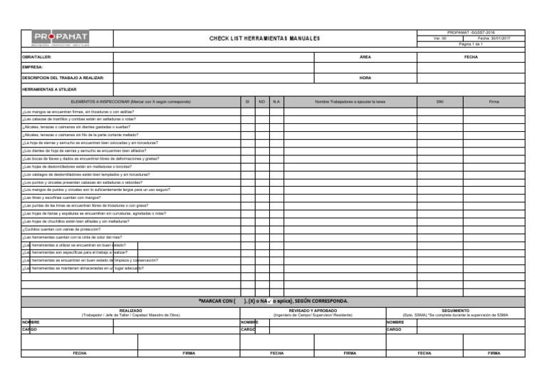 PROPAMAT-SGS-CL-06 - (Check List Herramientas Manuales) | PDF ...