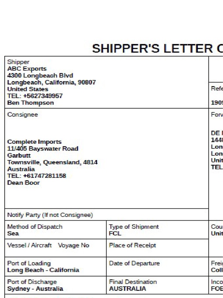 Shipping Instruction Contoh 1 | PDF
