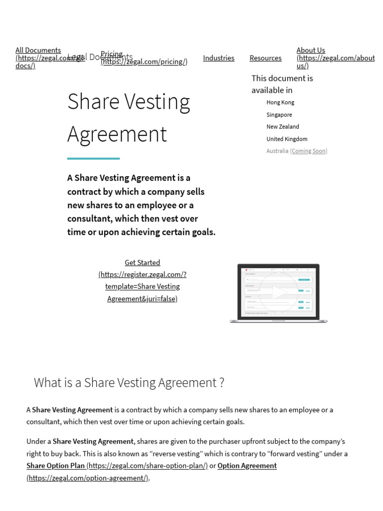 Share Vesting Agreement - Zegal | PDF | Share Repurchase | Vesting