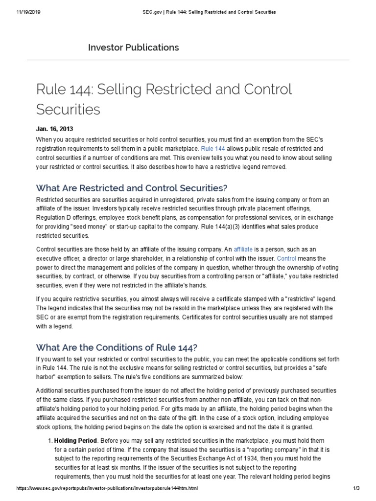 Rule 144: Selling Restricted Securities | PDF | Securities Act Of 1933 | Securities (Finance)
