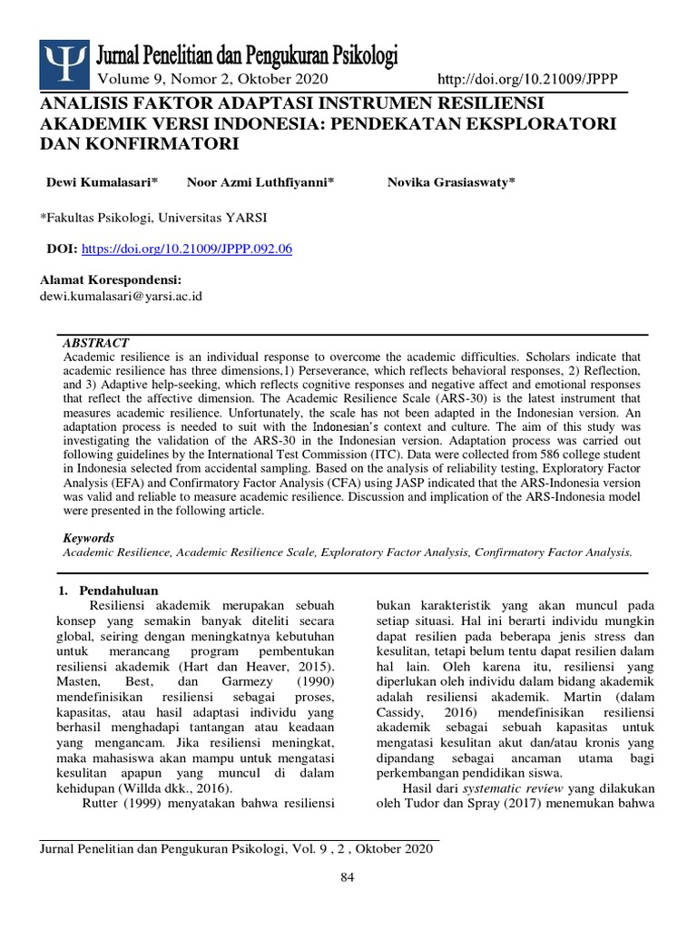 Validasi ARS-30 untuk Resiliensi Akademik | PDF | Psychological ...