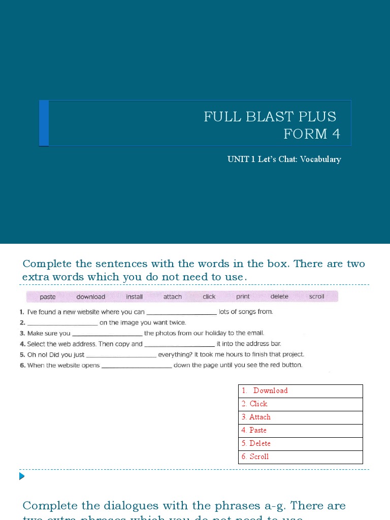 Full Blast Plus Form 4: UNIT 1 Let's Chat: Vocabulary | PDF ...