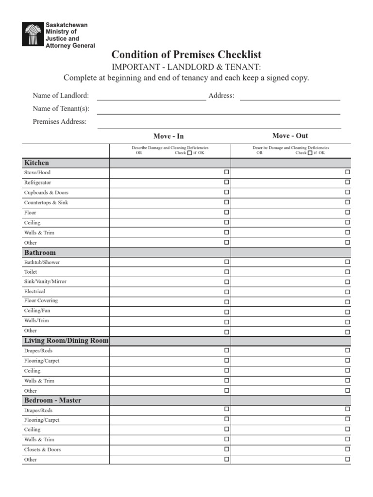 Condition of Premises Checklist | Download Free PDF | Leasehold Estate ...