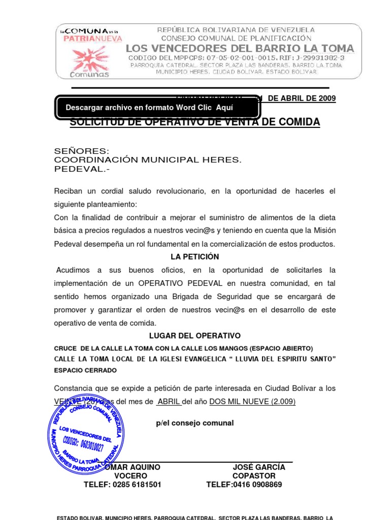 Consejo Comunal Solicitud Operativo Pedeval | PDF | Gobierno