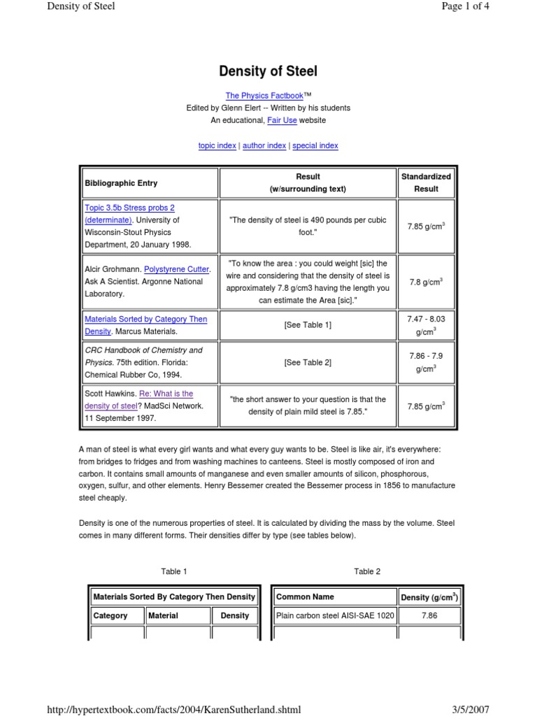 Density of Steel | PDF | Steel | Metals