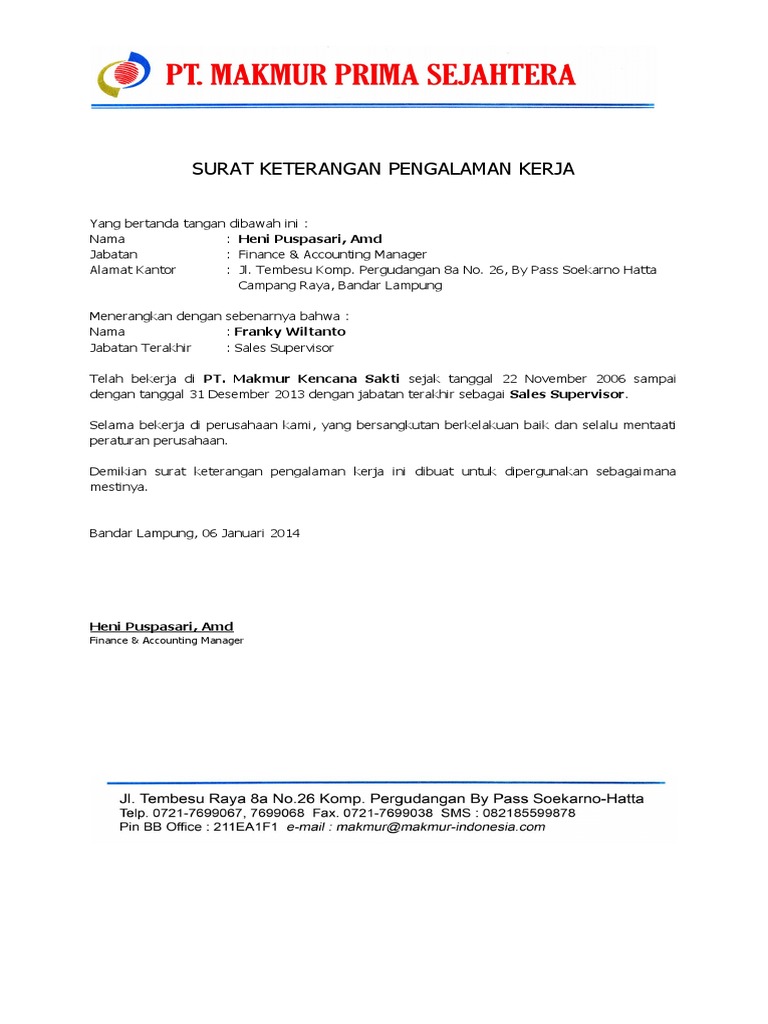 Surat Keterangan Pengalaman Kerja | PDF