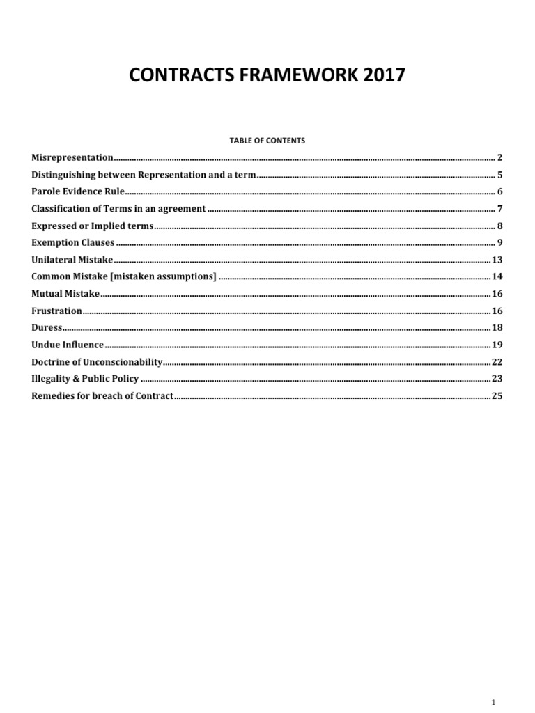 Contracts Framework 2017: Table of Contents | PDF | Misrepresentation | Breach Of Contract