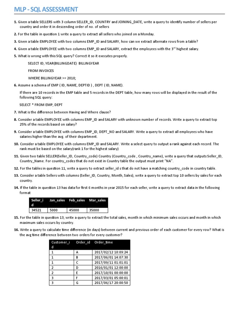 SQL Skills Assessment Overview | PDF | Data Management Software | Databases