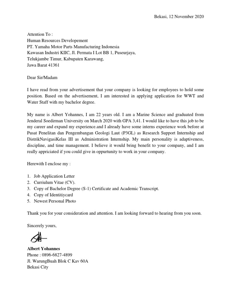 Application Letter WWT and Water Staff PT. Yamaha Motor Parts ...
