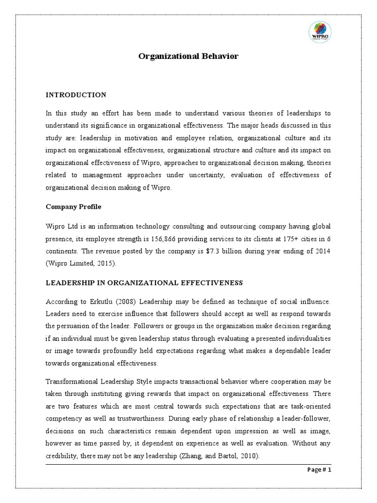 Organizational Behavior Wipro | PDF | Leadership | Motivation