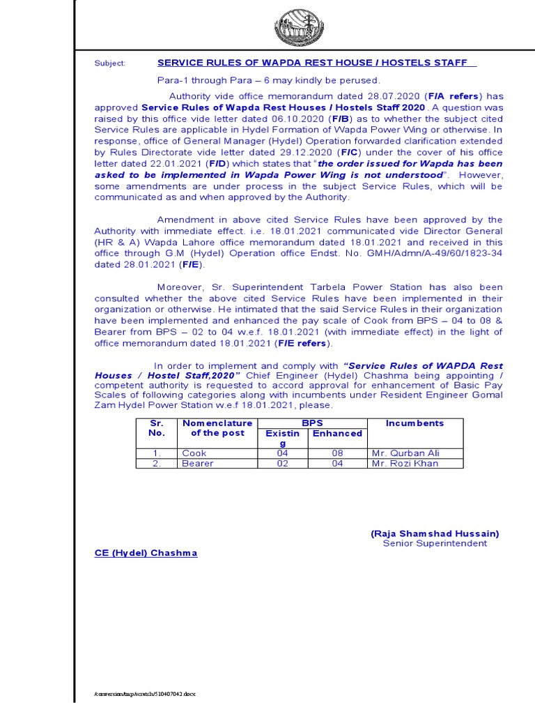 WAPDA Rest House Staff Service Rules | PDF | Government