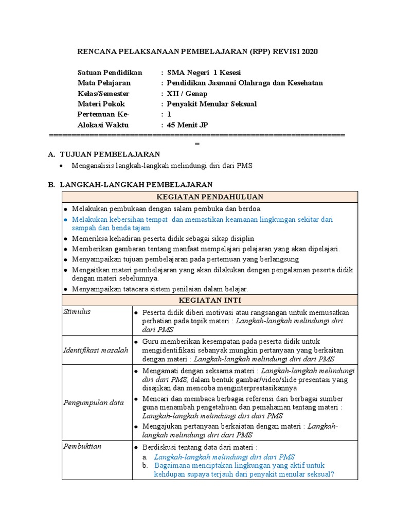 RPP PJOK XII: Lindungi Diri dari PMS | PDF | Karier & Perkembangan | Sains & Matematika