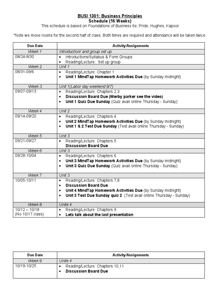 BUSI 1301 Business Principles Schedule | PDF | Teaching