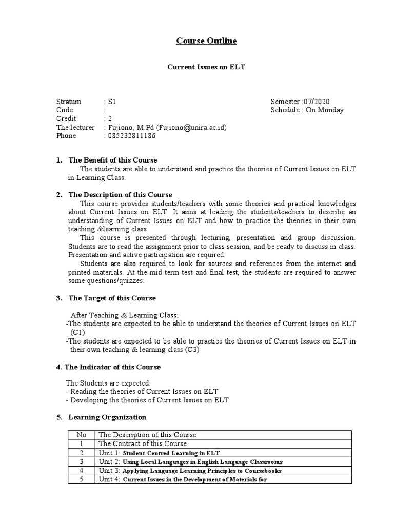 Course Outline: Current Issues On ELT | PDF | English As A Second Or Foreign Language ...