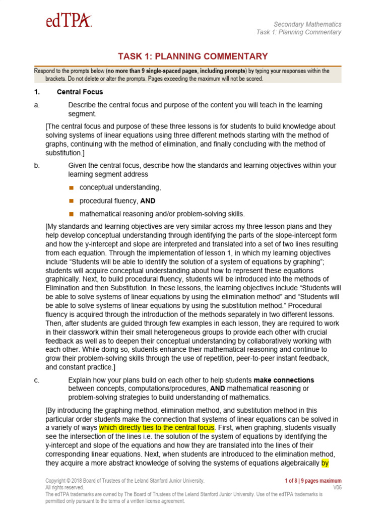 edTPA Task 1 - Planning Commentary | PDF | Equations | Learning