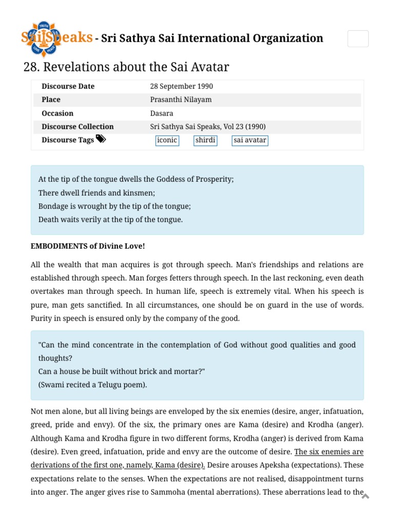 Revelations About The Sai Avatar - Sai Speaks | PDF | Sathya Sai Baba ...