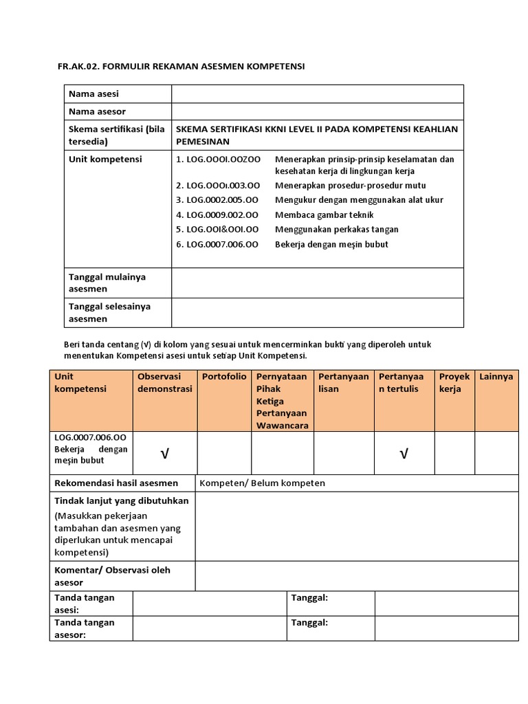 FR - Ak.02. Formulir Rekaman Asesmen Ap | PDF