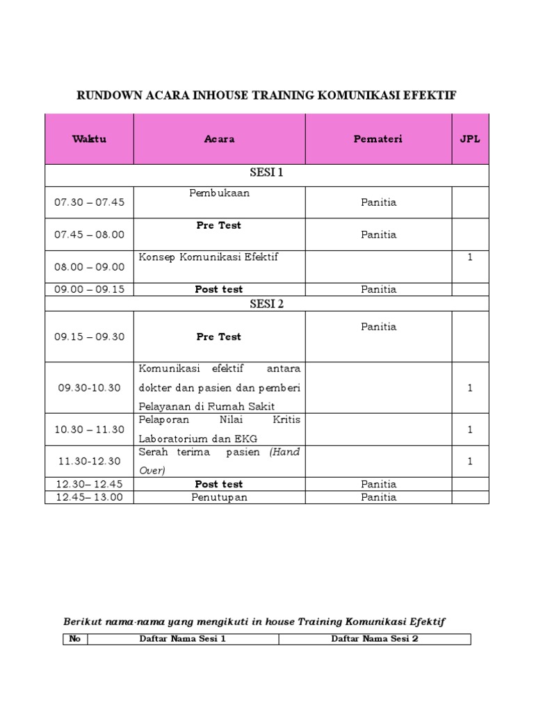 Rundown Acara Inhouse Training Komunikasi Efektif | PDF