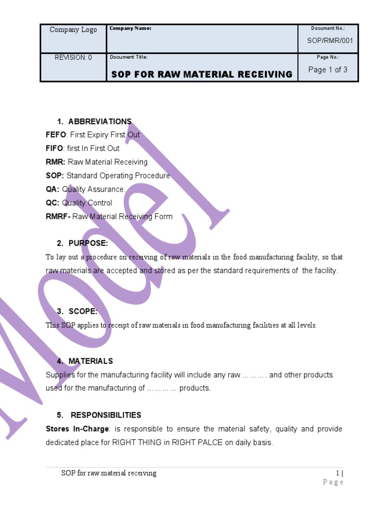 SOP For Raw Material Receiving | Download Free PDF | Foods | Business