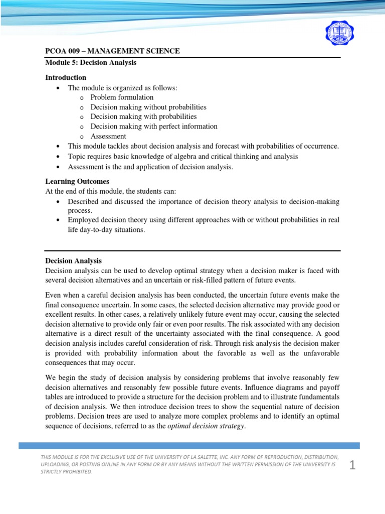 Module 5 Management Science CBL | PDF | Decision Making | Risk
