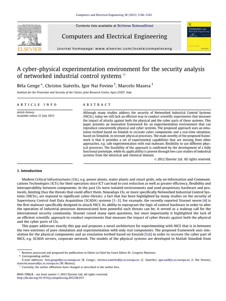 2012 A Cyber Physical Experimentation Environment For The Security Analysis Of Networked