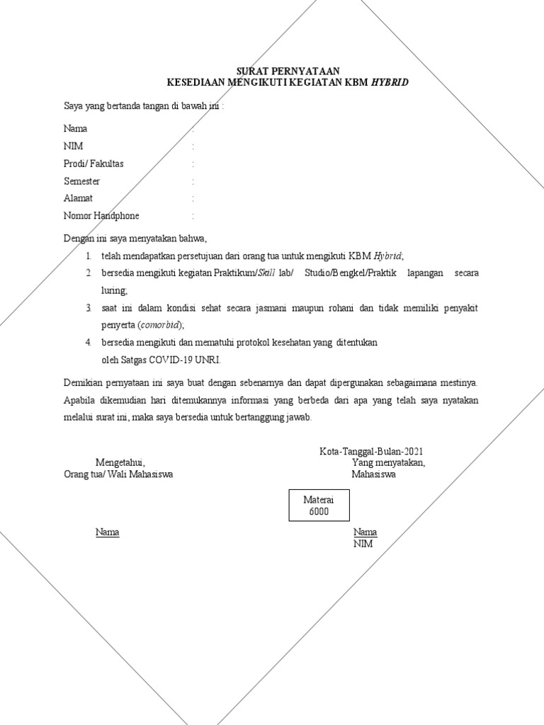 Surat Pernyataan Kesediaan Mengikuti KBM Hybrid | PDF